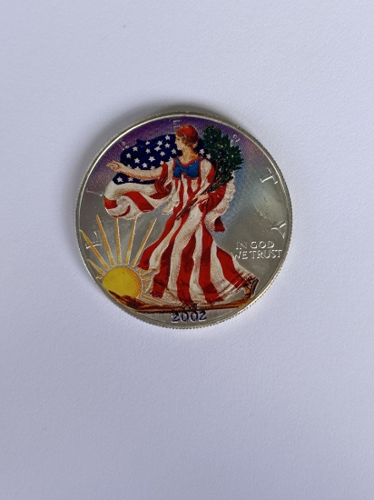 2002 COLORIZED AMERICAN SILVER EAGLE 1 OZ. FINE SILVER ONE DOLLAR COIN ...