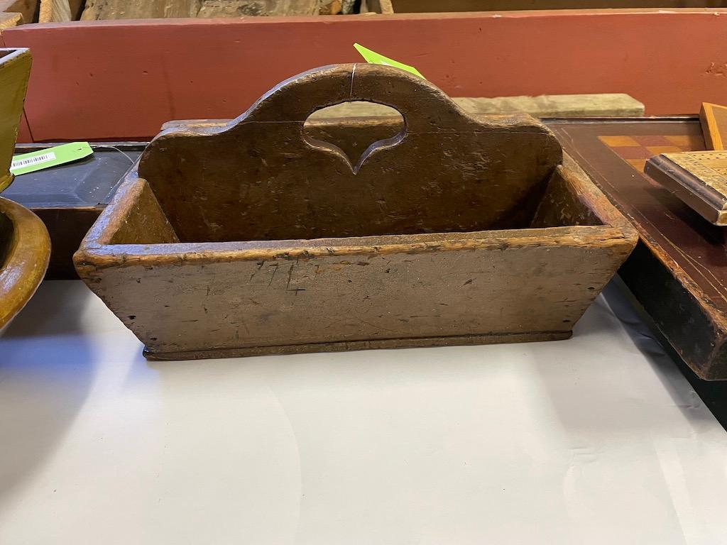 PINE CUTLERY BOX, W INVERTED HEART IN HANDLE FROM | Proxibid