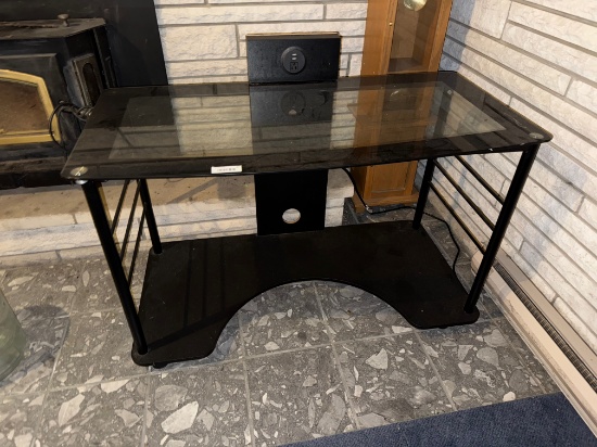 Glass Top Computer Desk with Storage Shelf, Black, Metal Frame, top is loose, on casters, 50 ...
