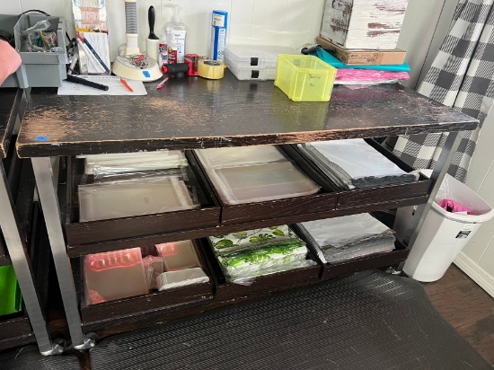 WOOD WORK / SHIPPING TABLE - INCLUDES WOOD SORTING SHELVES - ROLLING ...