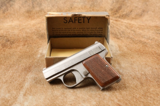Stainless Bauer .25 ACP SemiiAuto Pocket Pistol, Mag & Box, MFD 1974-84 ...
