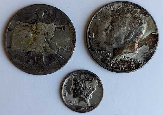 Lot of 3 Assorted Coins - 1943 Walking Liberty Half , 1968-D Kennedy ...