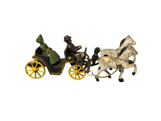 VINTAGE DOUBLE HORSE DRAWN CAST IRON BUGGY WITH RIDER AND PASSENGER ...