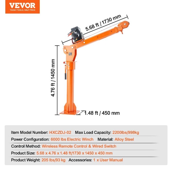 VEVOR Electric Pickup Truck Crane Hoist Crane 2200 lbs 360 Swivel Hoist ...