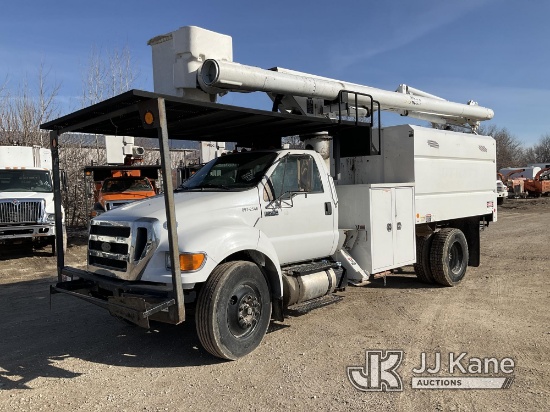 Altec LR756, Over-Center Bucket Truck mounted behind cab on 2012 Ford F750 Chipper Dump Truck ...
