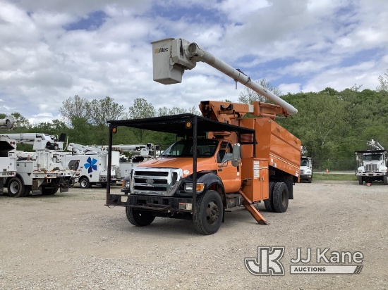 Altec LRV55, Over-Center Bucket Truck mounted behind cab on 2010 Ford F750 Chipper Dump Truck ...