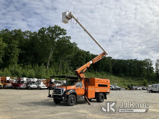 Altec LRV55, Over-Center Bucket Truck mounted behind cab on 2010 Ford F750 Chipper Dump Truck ...