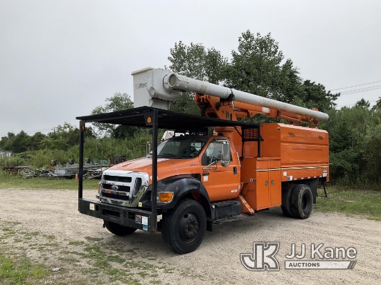 Altec LRV55, Over-Center Bucket Truck mounted behind cab on 2010 Ford F750 Chipper Dump Truck ...