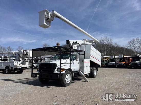 Altec LRV56, Over-Center Bucket Truck mounted behind cab on 2004 Ford F750 Chipper Dump Truck ...