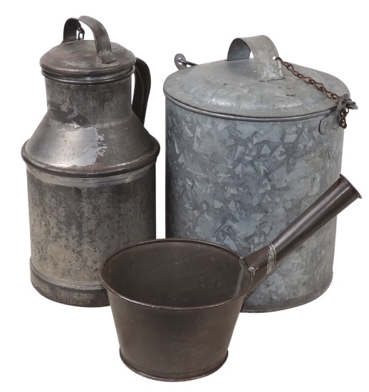 Primitive Metal Containers (3), 4 qt steel cream can, galvanized AT ...