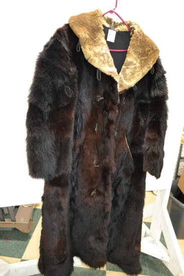 Bear Skin Coat with Wooden Buttons, Quilted Interior, Faux Fur Collar ...
