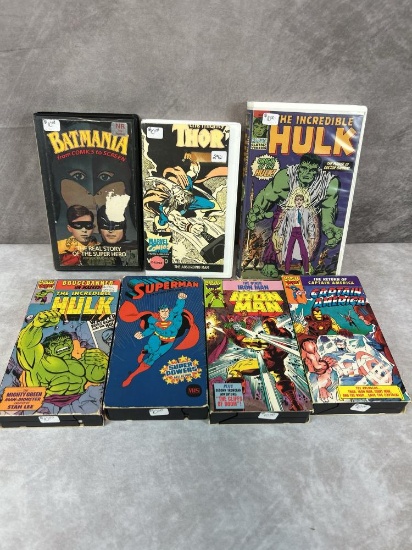 (7) VHS Comic Tapes - Superman, Thor, Batmania, Hulk, Iron Man ...