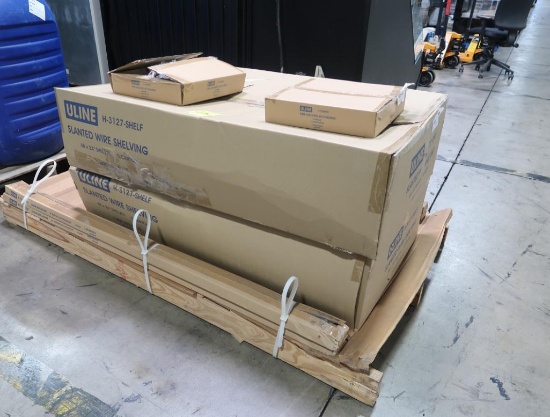 Uline slanted wire shelving, new in box, 2) units, w/ casters ...