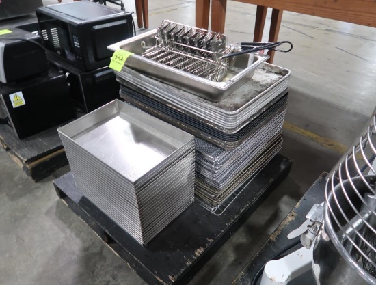 pallet of misc- sheet pans, cooling screens, stainless pans, etc ...