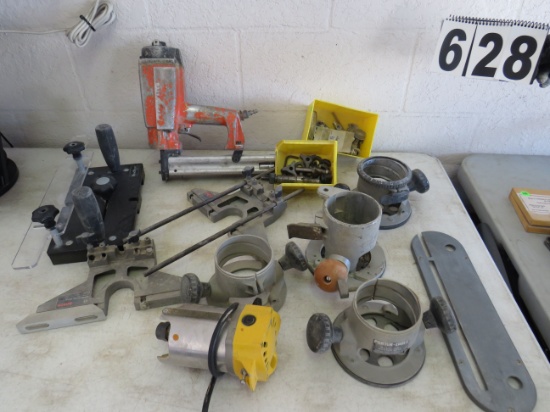 pneumatic nailer, router, router bases, guides and bits (plastic tote ...