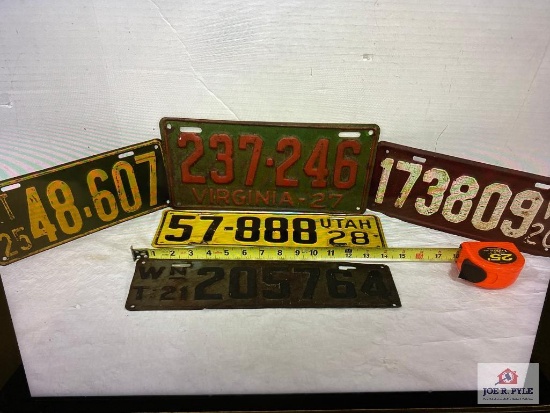 5 Vintage License plates: 1920 Wisconsin, 1921 Washington, 1925 Vermont ...