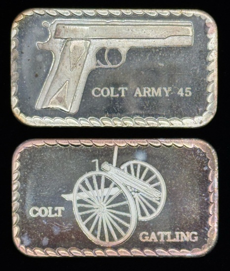(2) One Troy Oz. .999 Fine Silver Bars Colt Army 45 & Colt Gatling ...