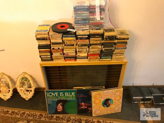 Homemade 8-track holder with various 8-tracks, audio tapes, 72 RPM and ...