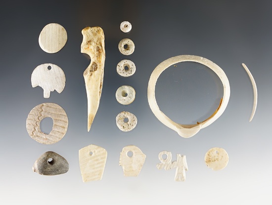 Set of 16 assorted shell, bone and stone Hohokam artifacts. Largest is ...