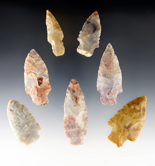 Set of 7 highly colorful Woodland points made from Flint Ridge Flint ...