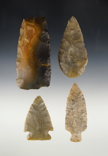 Set of 4 nicely made Kentucky flint artifacts including a polished Celt ...