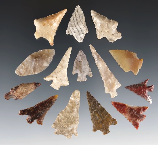 Group of 14 assorted arrowheads recovered at the Ohbe Site near the ...