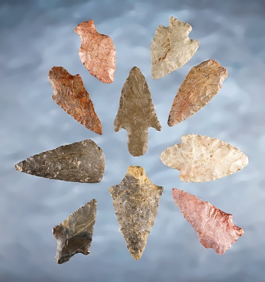 Set of 10 assorted arrowheads found in the Kansas area. Many are nicely ...