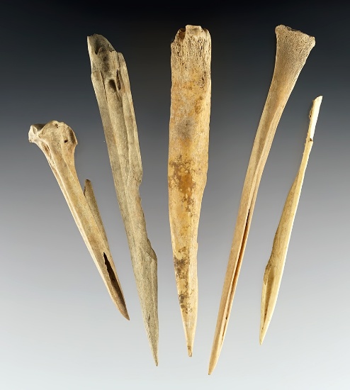 Set of 5 Bone Artifacts including two Awls & three Splinter Bone Awls ...