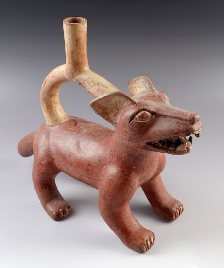 10" long by 9 1/2" tall Moche Culture Dog Effigy Stirrup Bottle ...