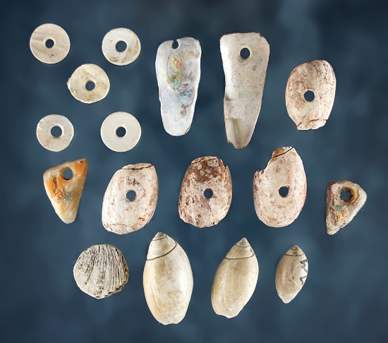 Group of 13 Shell Ornaments. Found near the famous Kee Mound Site. Ex ...