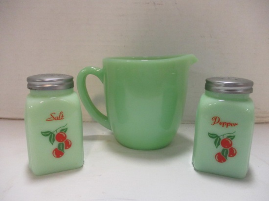 Fire King Jadeite Pitcher and Pair of Shakers | Online Auctions | Proxibid