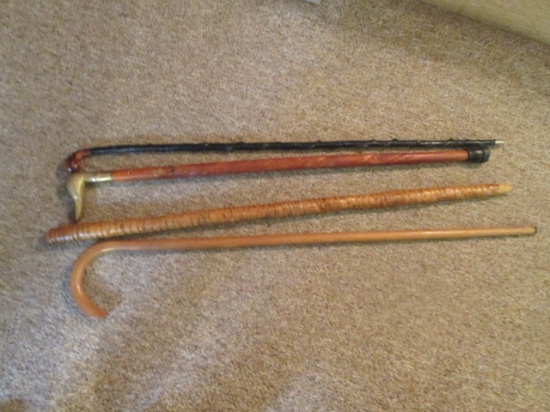 Two Live Edge Canes, Carved Wood Cane with Brass Duck Head Handle and ...
