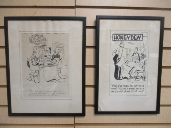 Two Framed and Matted R. Gaines Signed Original Satirical Cartoons ...
