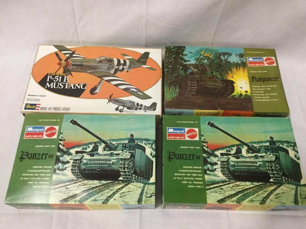 4 military model kits 1/32 scale - Revell Mustang, Monogram/Mattel WWII ...
