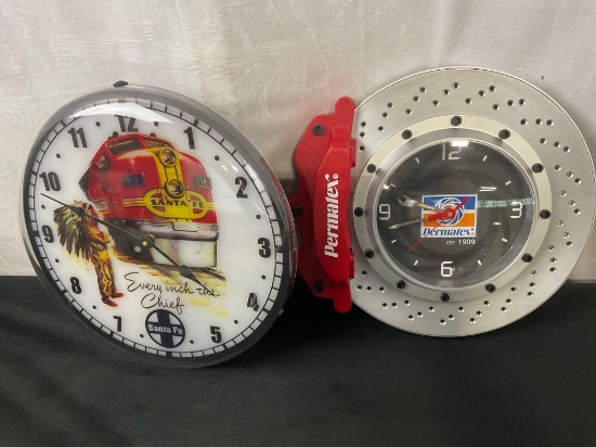 Pair of Clocks, Santa Fe Train & Permatex shaped like a Brake disc ...