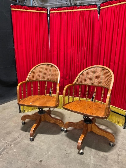 Pair of Vintage Wooden Dowel & Cane-back Rolling Office Chairs. See ...