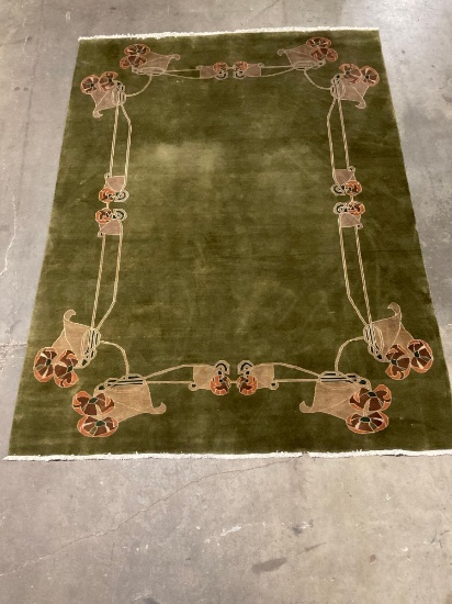 Vintage Olive Green Wool Area Rug w/ Art Nouveau Border Design. 144" x ...