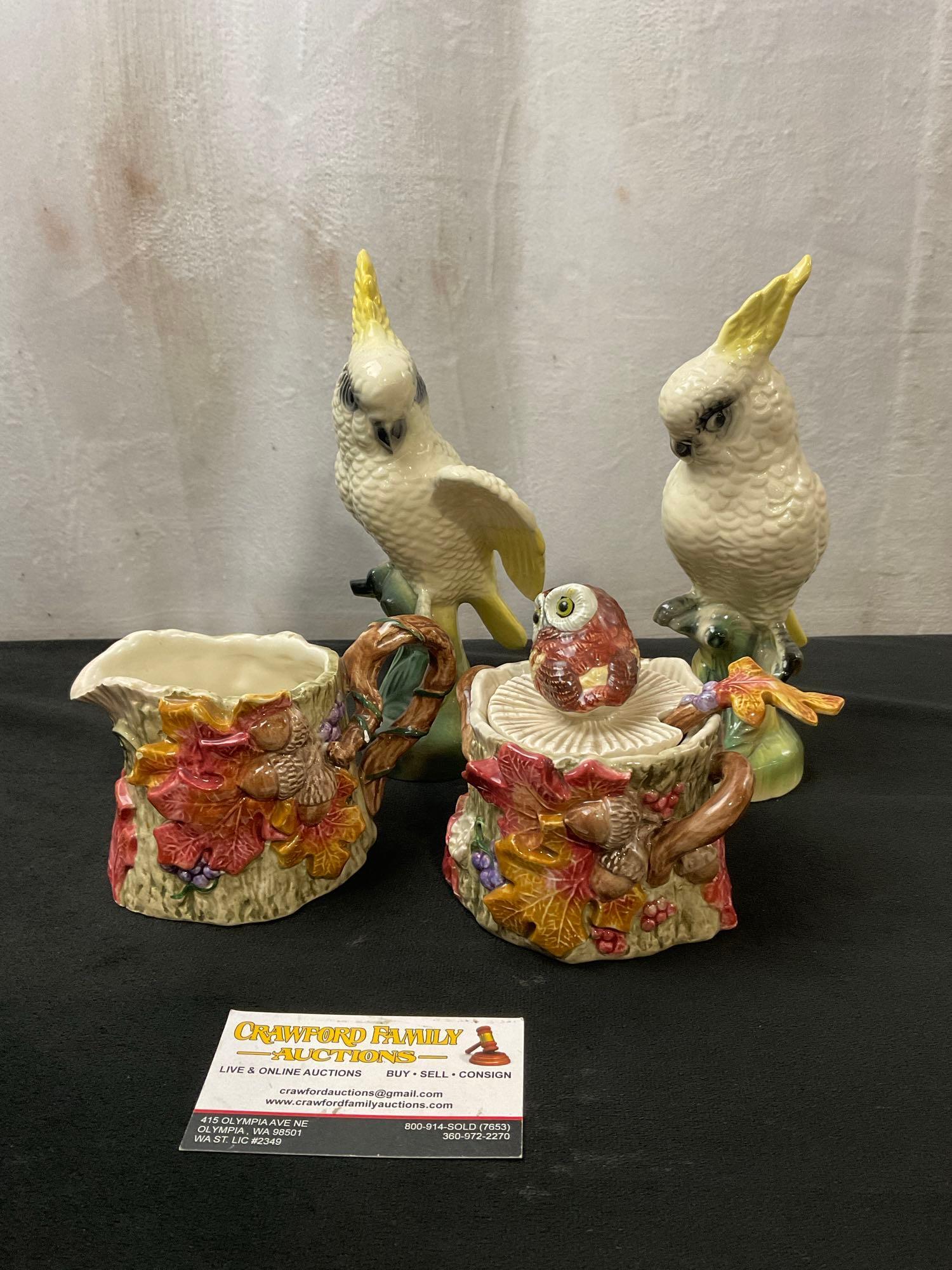 4 Ceramic pieces, Pair of Parakeets figures, | Proxibid