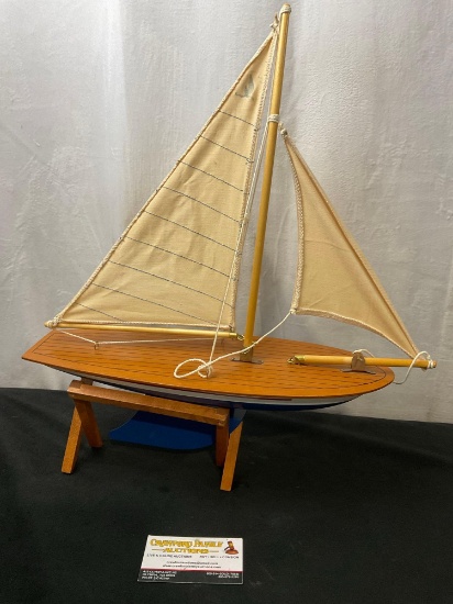 Vintage Wooden Ship Model, Sloop w/ Beige Striped Sail and Metal Keel ...