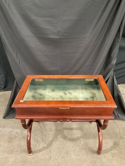 Vintage Wooden Side Table Display Case w/ Inset Glass Lid, Green Felt ...