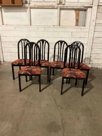 Set of 6 Black Wood Dining Chairs w/ Vibrant Abstract Upholstery- See ...