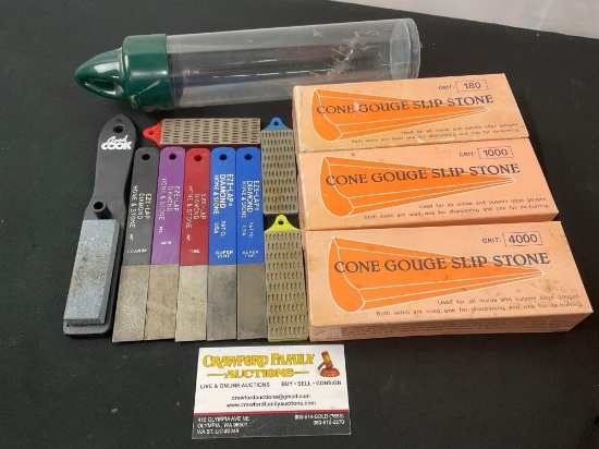 Trio of Cone Gouge Slipstones 180, 1000, 4000 & Group of Eze-Lap ...