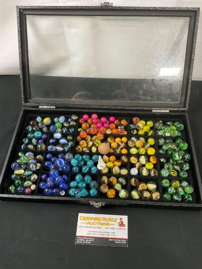 Assorted Vintage Marbles in Leather Display Case w/ Glass Top, roughly ...