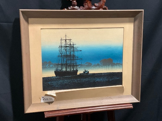 Framed Serigraph by Artist Elton Bennett, Large Sailing Ship coming ...