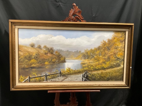 Framed Vintage Oil on Canvas titled The Bridge by Francis Lutz, 30 x 54 ...