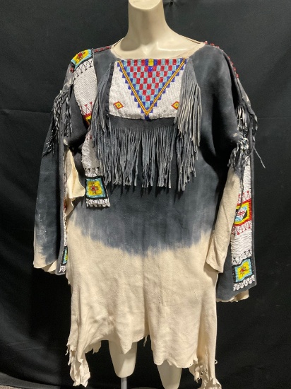 Buckskin Native American Beaded Tunic, Tinted Blue, roughly 39 inches ...