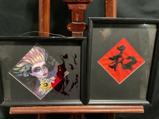 Pair of Framed Pieces, Vampire w/ Faux Blood & Black Calligraphy Kanji ...