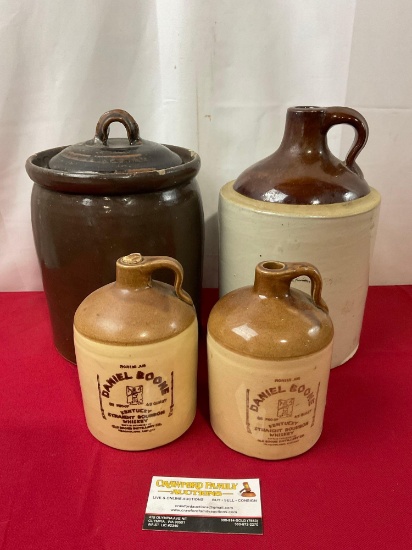 Pair of Daniel Boone Whiskey Jugs, Brown & Tan Jug, Lidded Crock Brown ...
