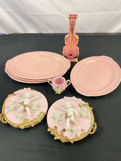 Collection of Vintage Pink Plates & Porcelain Pieces incl. 2 Cupids, 4x ...