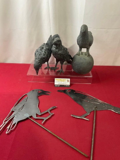 5x Raven Figures, Composite & harder plastic & 2 Sheet Metal Stakes ...